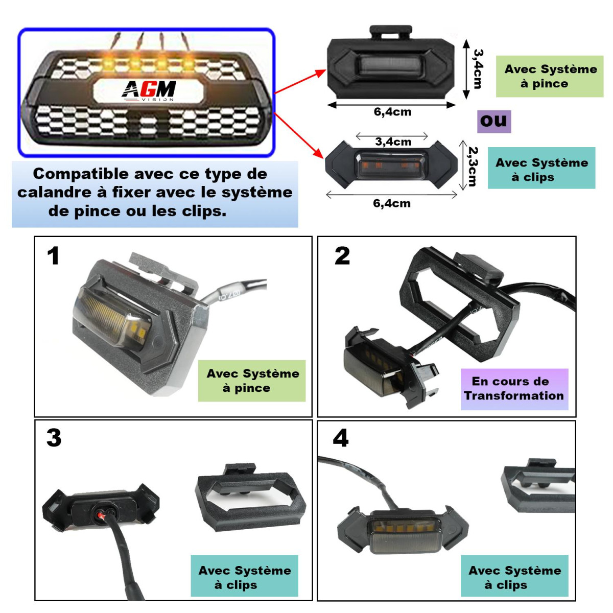 Pack of 4 Orange LED Night Lights with Clip & Clamps - Grille